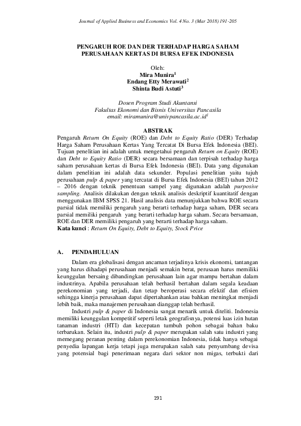 (PDF) Pengaruh ROE dan DER terhadap Harga Saham Perusahaan Kertas di Bursa Efek Indonesia