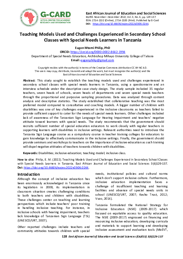 (PDF) Teaching Models Used and Challenges Experienced in Secondary School Classes with Special ...