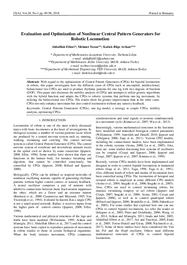 (PDF) Evaluation and Optimization of Nonlinear Central Pattern Generators for Robotic Locomotion ...