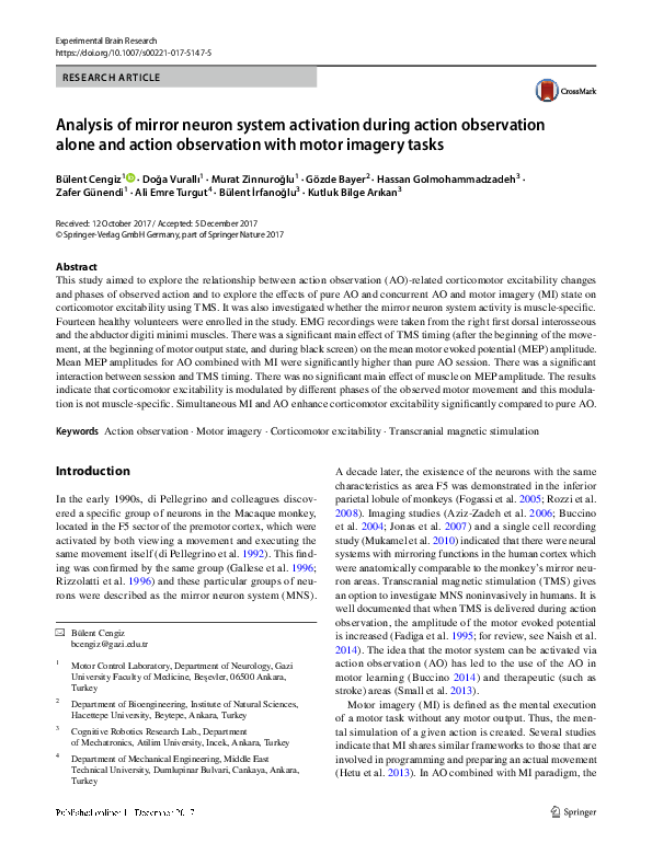 (PDF) Analysis of mirror neuron system activation during action ...