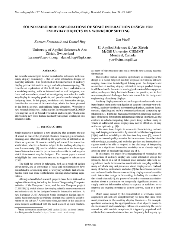 (PDF) Sound Embodied: Explorations of Sonic Interaction Design for Everyday Objects in a ...