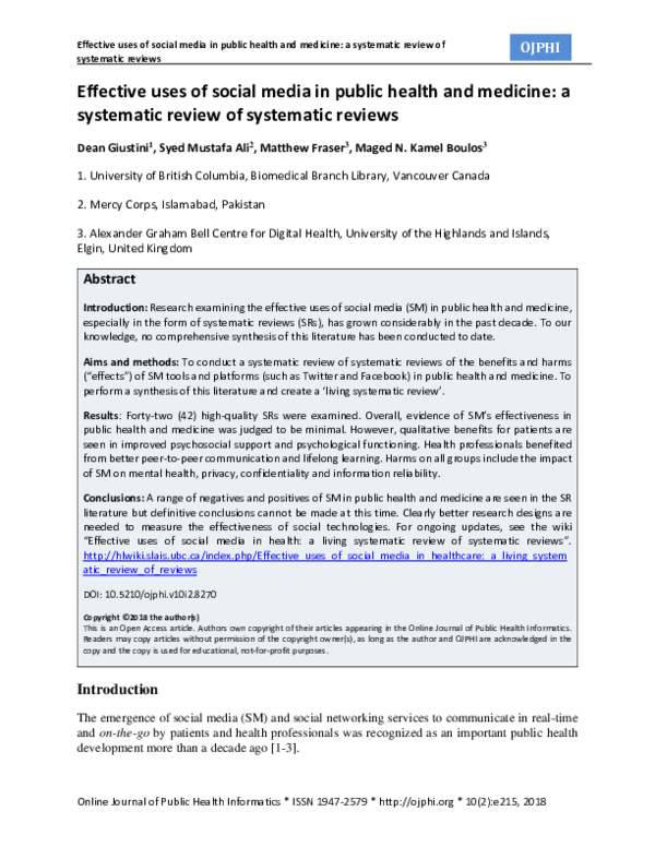 (PDF) Effective uses of social media in public health and medicine: a ...