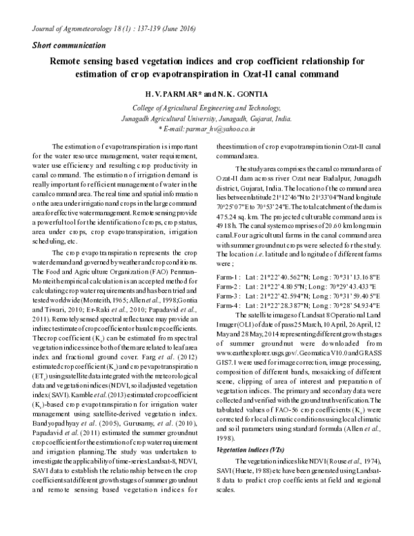 Pdf Remote Sensing Based Vegetation Indices And Crop Coefficient Relationship For Estimation