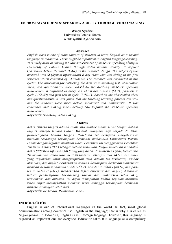 (PDF) Improving Students’ Speaking Ability Through Video Making
