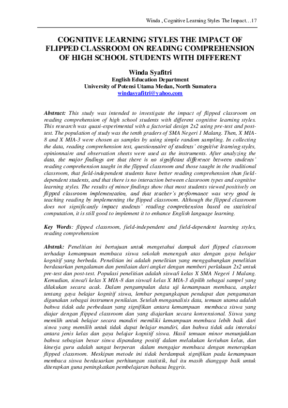 (PDF) Cognitive Learning Styles the Impact of Flipped Classroom on Reading Comprehension of High ...