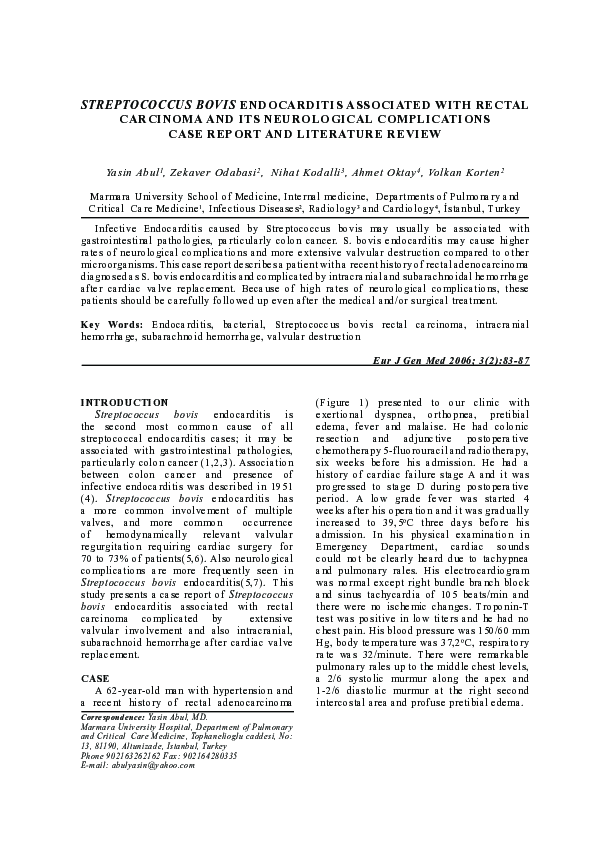 Pdf Streptococcus Bovis Endocarditis Associated With Rectal Carcinoma