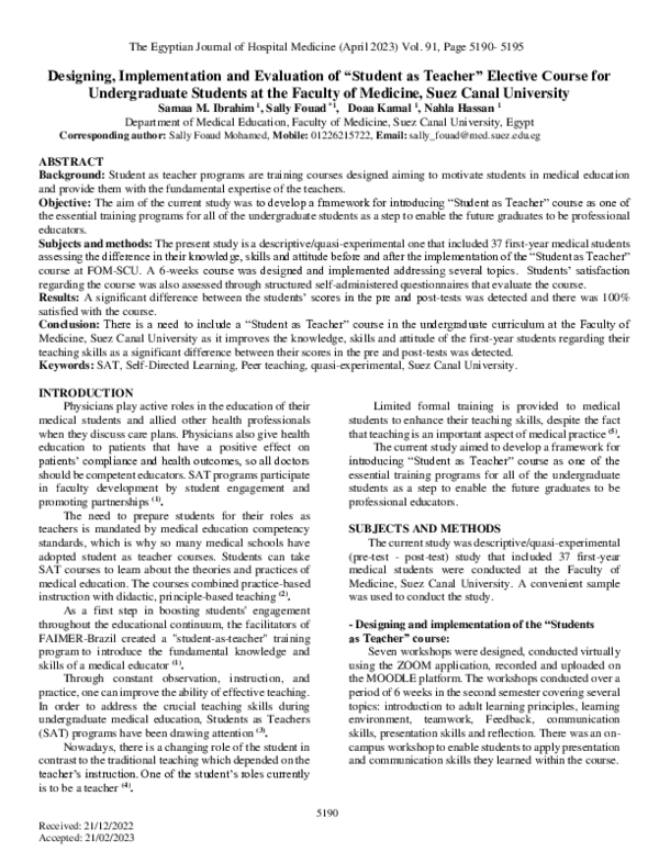 (PDF) Designing, Implementation and Evaluation of “Student as Teacher” Elective Course for ...