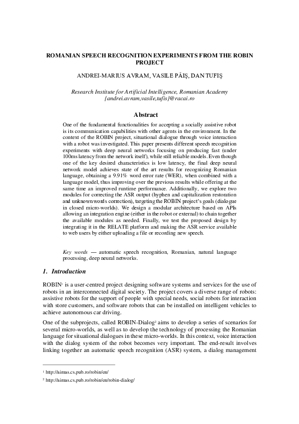 (PDF) Romanian Speech Recognition Experiments from the ROBIN Project