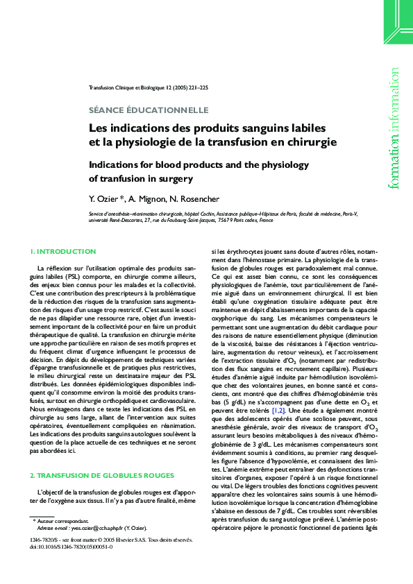 (PDF) Les indications des produits sanguins labiles et la physiologie ...