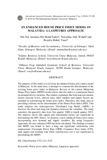 (PDF) An Enhanced House Price Index Model in Malaysia: A Laspeyres Approach