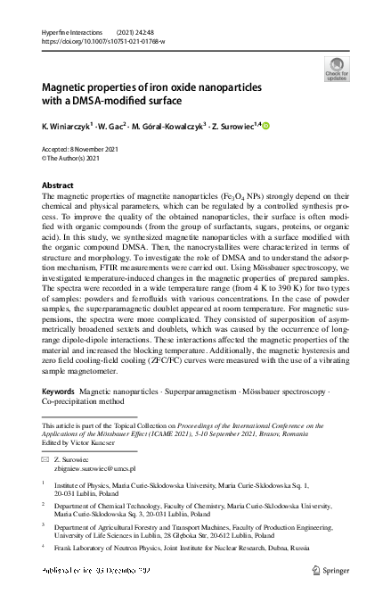 (PDF) Magnetic properties of iron oxide nanoparticles with a DMSA-modified surface