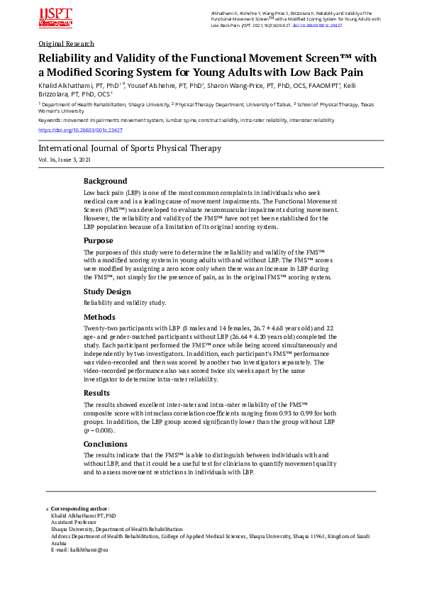 (PDF) Reliability and Validity of the Functional Movement Screen™ with a Modified Scoring System ...