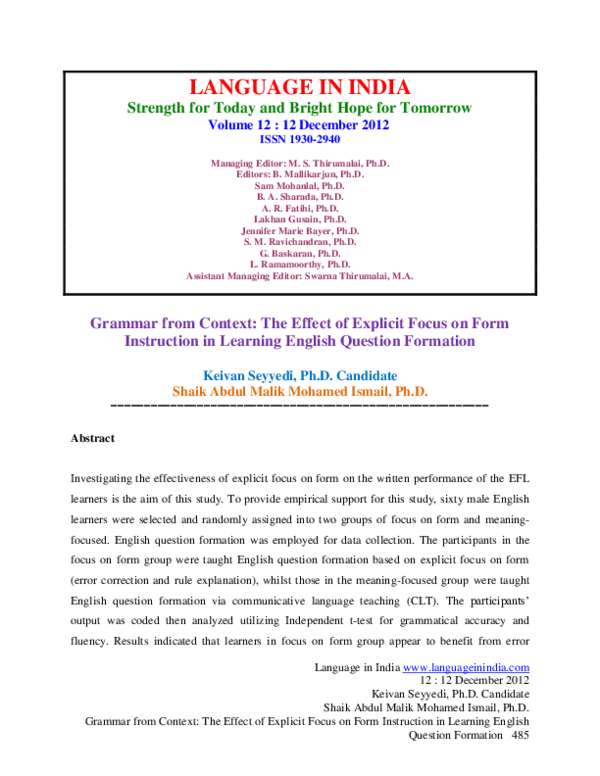 Pdf Grammar From Context The Effect Of Explicit Focus On Form Instruction In Learning English