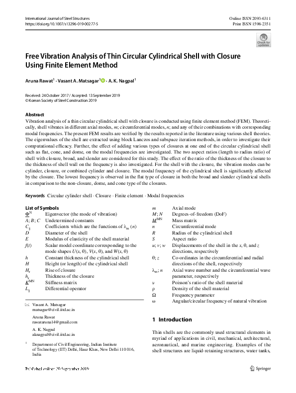(PDF) Free Vibration Analysis of Thin Circular Cylindrical Shell with Closure Using Finite ...