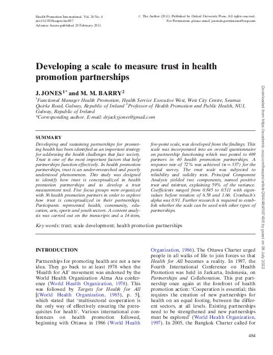 (PDF) Developing a scale to measure trust in health promotion partnerships