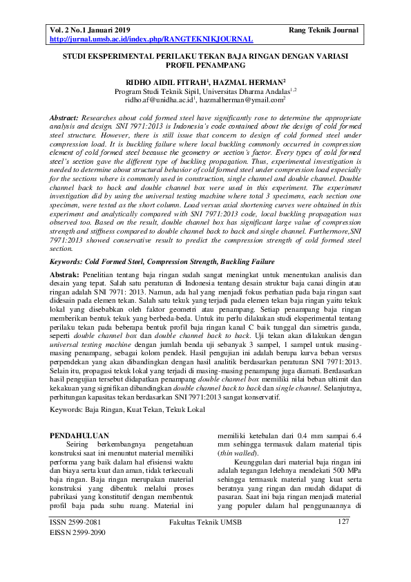 (PDF) Studi Eksperimental Perilaku Tekan Baja Ringan Dengan Variasi Profil Penampang