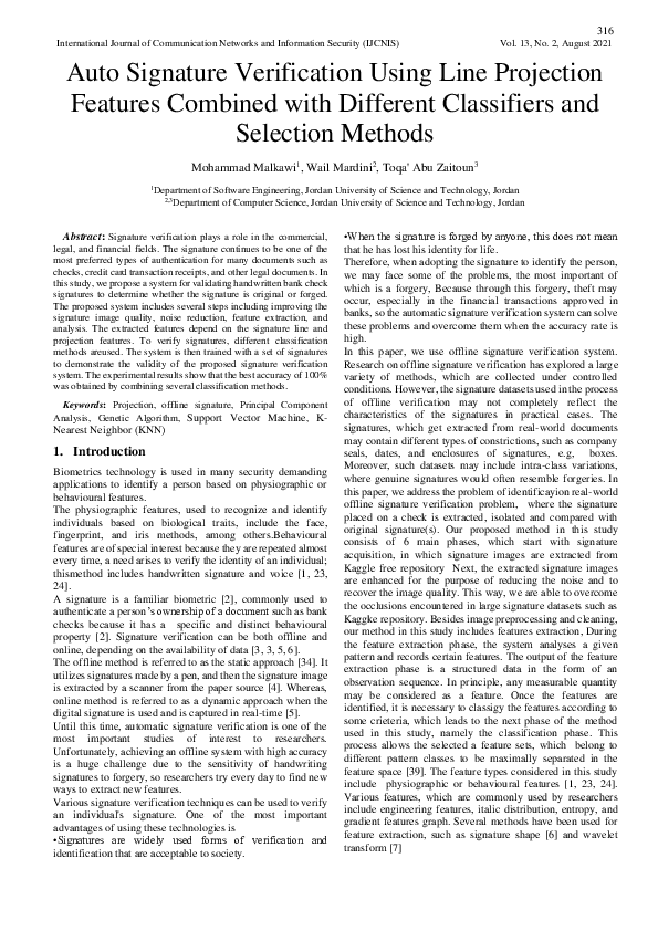Pdf Auto Signature Verification Using Line Projection Features Combined With Different