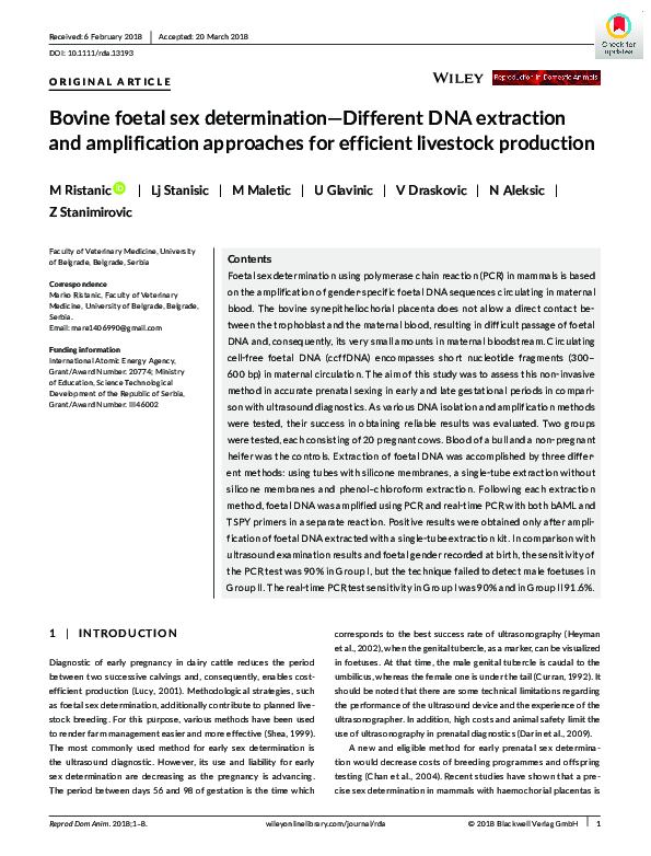 Pdf Bovine Foetal Sex Determination Different Dna Extraction And