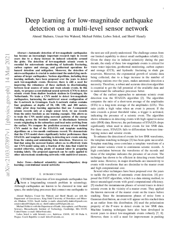 (PDF) Deep learning for low-magnitude earthquake detection on a multi-level sensor network