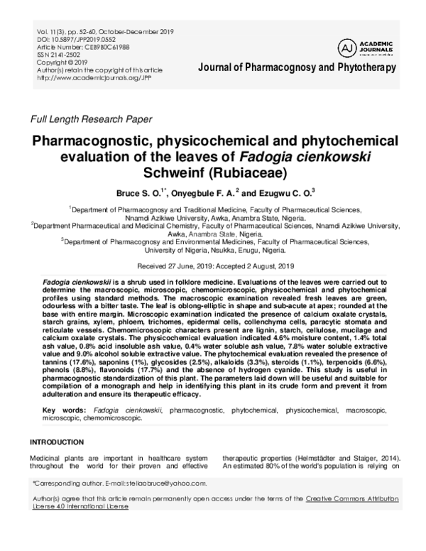 (PDF) Pharmacognostic, physicochemical and phytochemical evaluation of the leaves of Fadogia ...