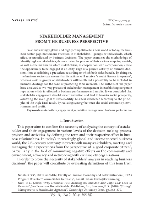 (PDF) Stakeholder management from the business perspective