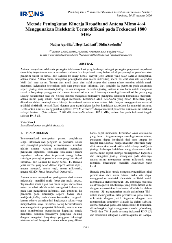 (PDF) Metode Peningkatan Kinerja Broadband Antena Mimo 4 4 Menggunakan Dielektrik Termodifikasi ...