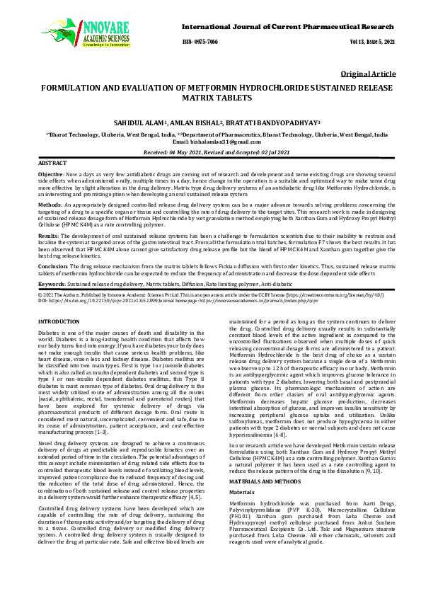 Pdf Formulation And Evaluation Of Metformin Hydrochloride Sustained Release Matrix Tablets