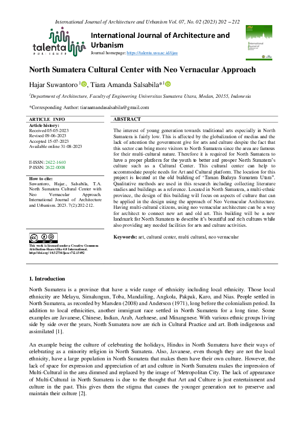 (PDF) North Sumatera Cultural Center with Neo Vernacular Approach