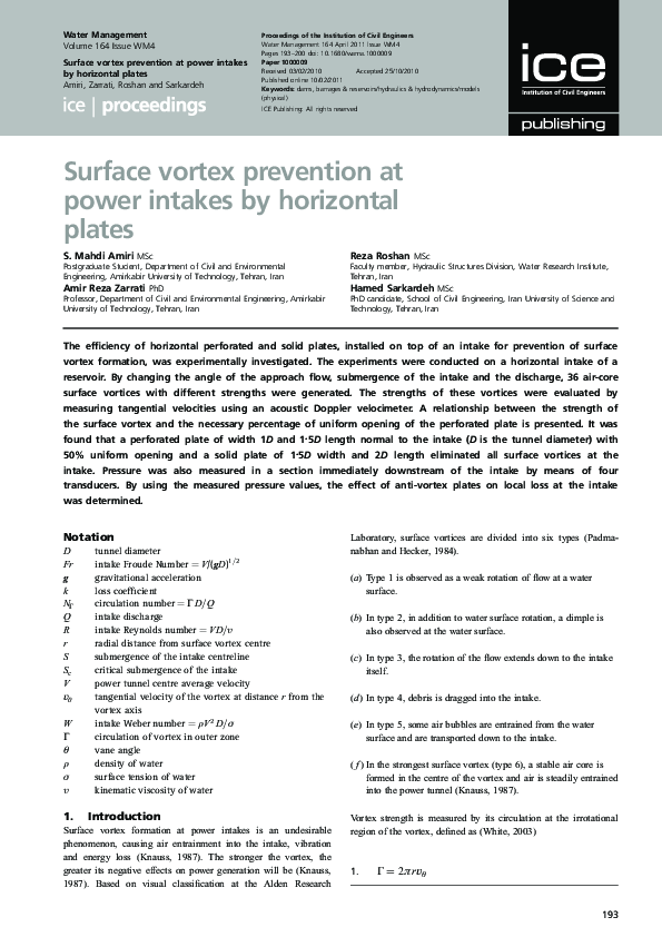 (PDF) Surface vortex prevention at power intakes by horizontal plates
