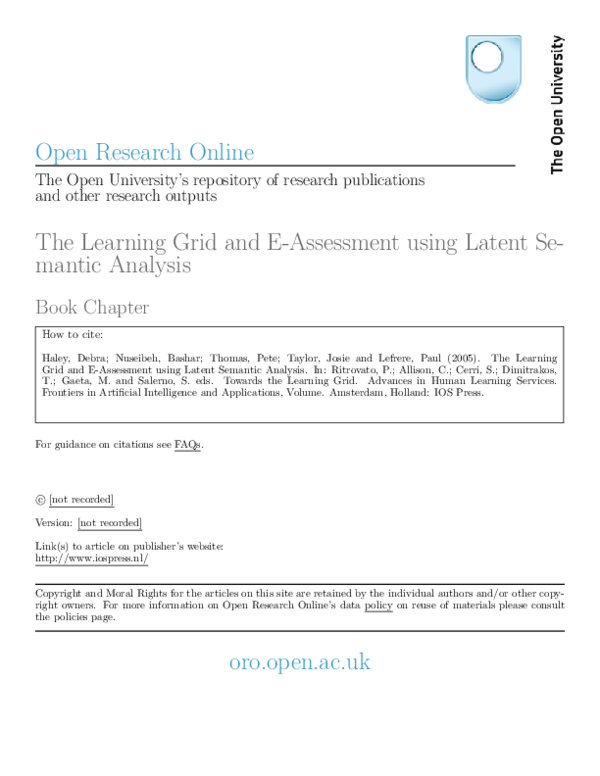 (PDF) The Learning Grid and E-Assessment using Latent Semantic Analysis