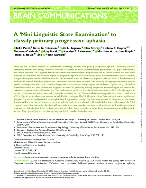 (PDF) A ‘Mini Linguistic State Examination’ to classify primary ...