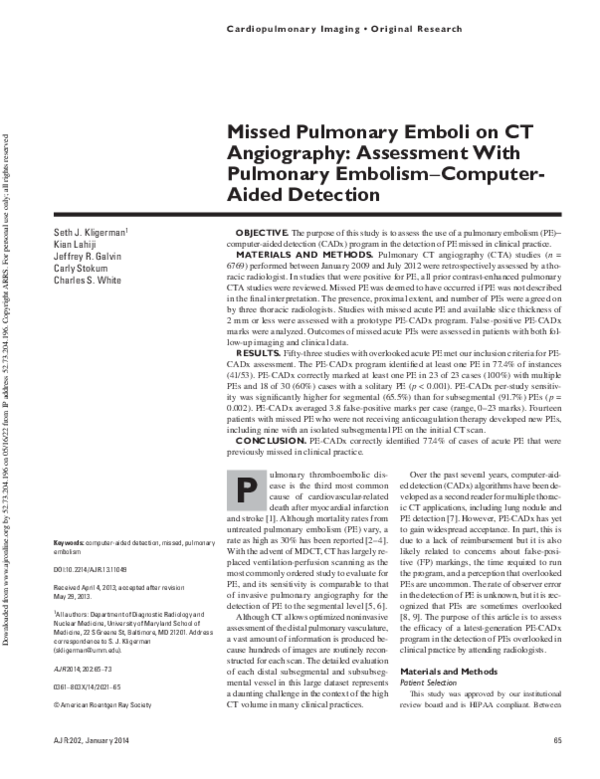 (PDF) Missed Pulmonary Emboli on CT Angiography: Assessment With Pulmonary Embolism–Computer ...