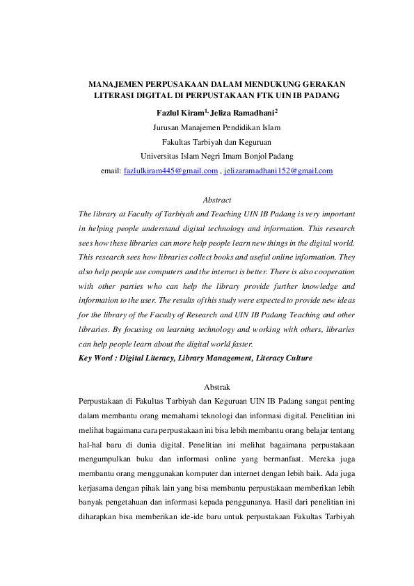(PDF) MANAJEMEN PERPUSAKAAN DALAM MENDUKUNG GERAKAN LITERASI DIGITAL DI PERPUSTAKAAN FTK UIN IB ...