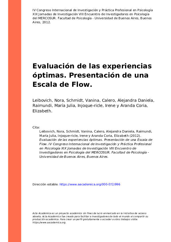 (PDF) Evaluación De Las Experiencias Óptimas. Presentación De Una ...