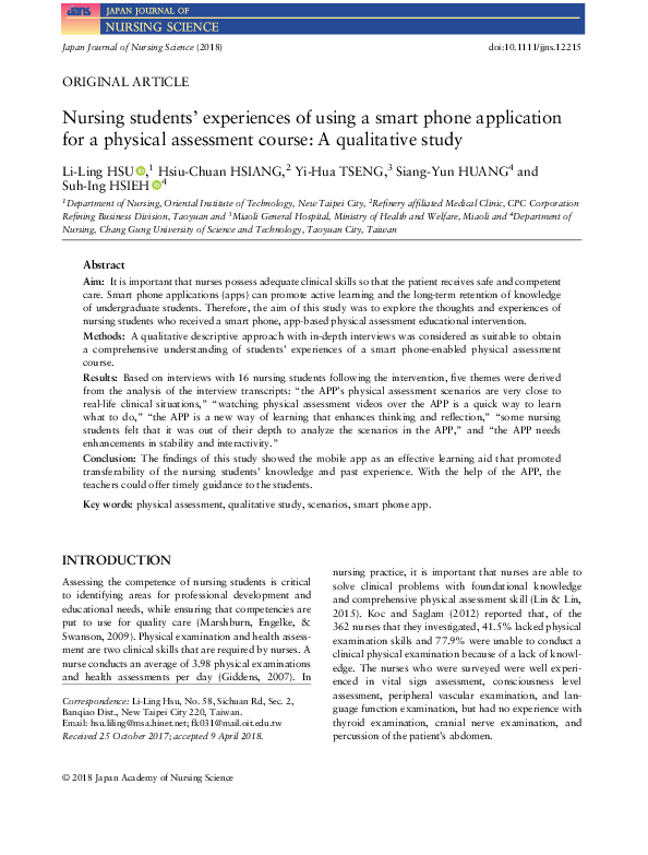 (PDF) Nursing students' experiences of using a smart phone application for a physical assessment ...
