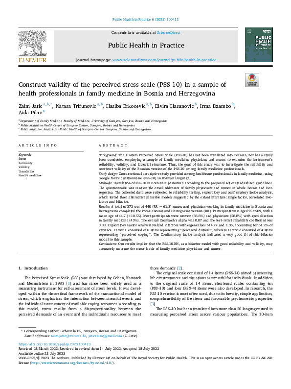 (PDF) Construct validity of the perceived stress scale (PSS-10) in a sample of health ...