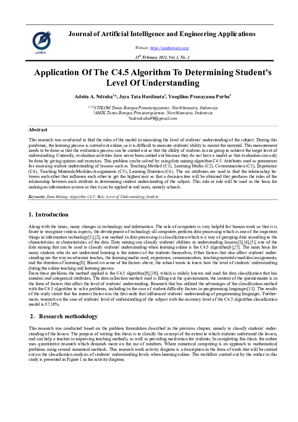 (PDF) Application Of The C4.5 Algorithm To Determining Student's Level Of Understanding