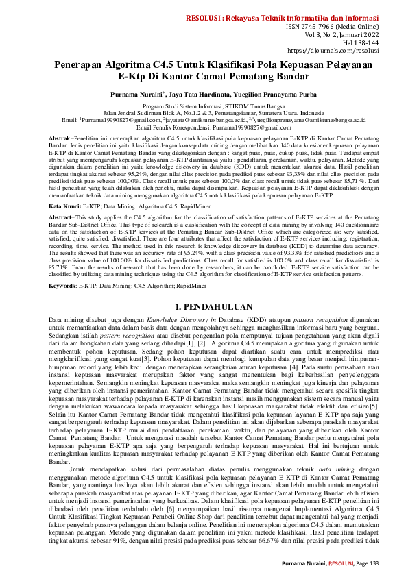 (PDF) Penerapan Algoritma C4.5 Untuk Klasifikasi Pola Kepuasan Pelayanan E-KTP Di Kantor Camat ...