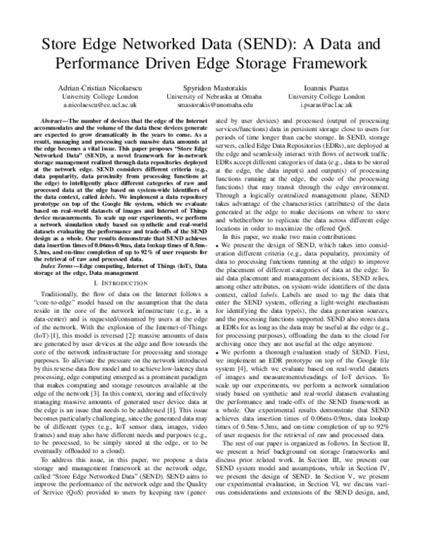 (PDF) Store Edge Networked Data (SEND): A Data and Performance Driven Edge Storage Framework