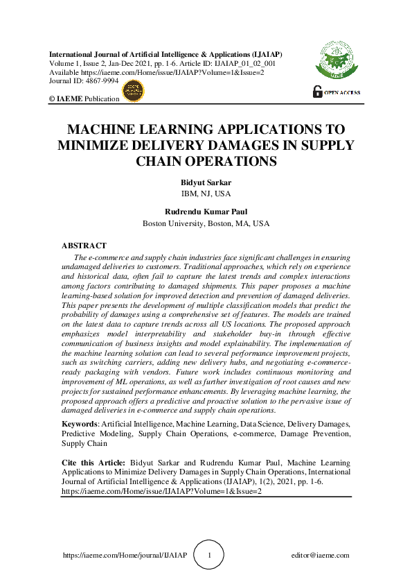 (PDF) MACHINE LEARNING APPLICATIONS TO MINIMIZE DELIVERY DAMAGES IN SUPPLY CHAIN OPERATIONS