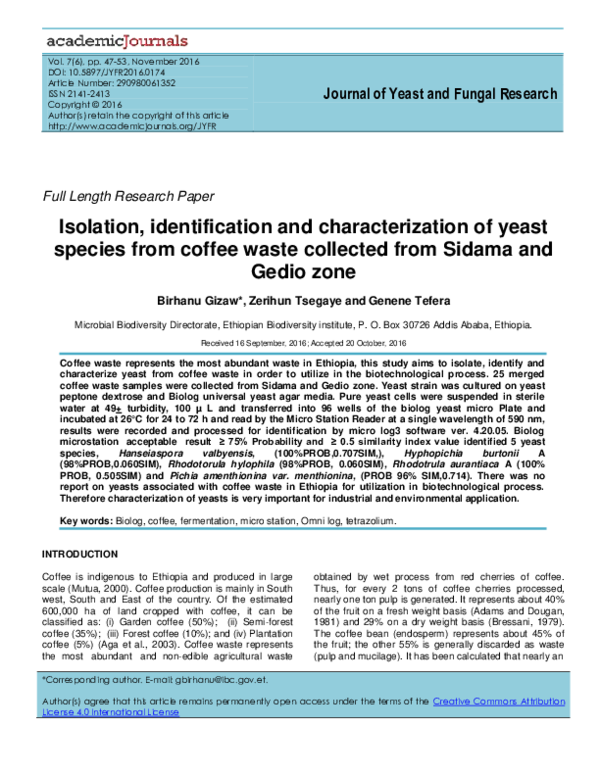 (PDF) Isolation, identification and characterization of yeast species from coffee waste ...