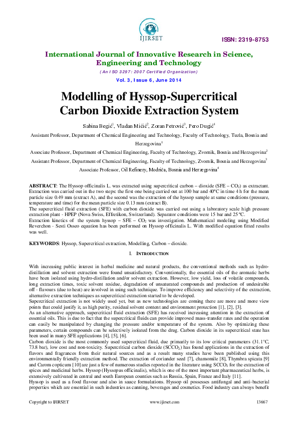 (PDF) Modelling of Hyssop-Supercritical Carbon Dioxide Extraction System