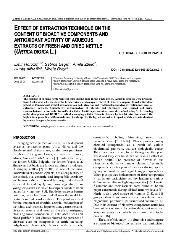 Pdf Effect Of Extraction Technique On The Content Of Bioactive