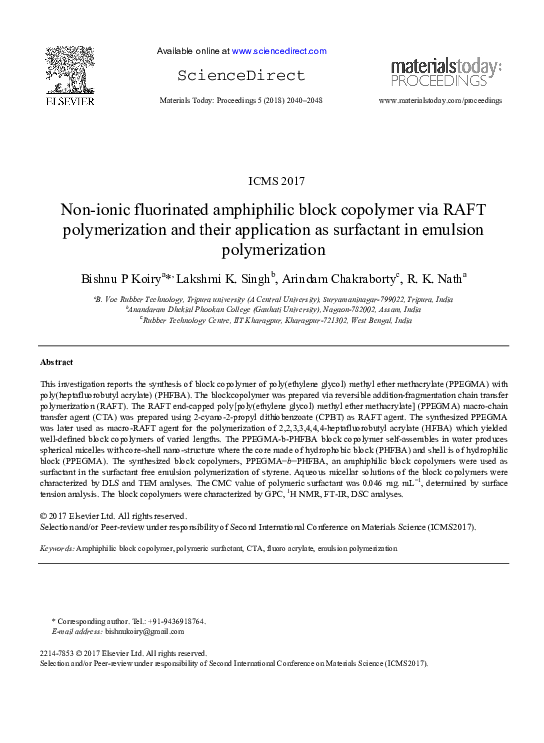 (PDF) Non-ionic fluorinated amphiphilic block copolymer via RAFT polymerization and their ...