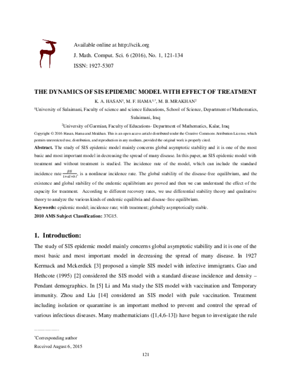 Pdf The Dynamics Of Sis Epidemic Model With Effect Of Treatment