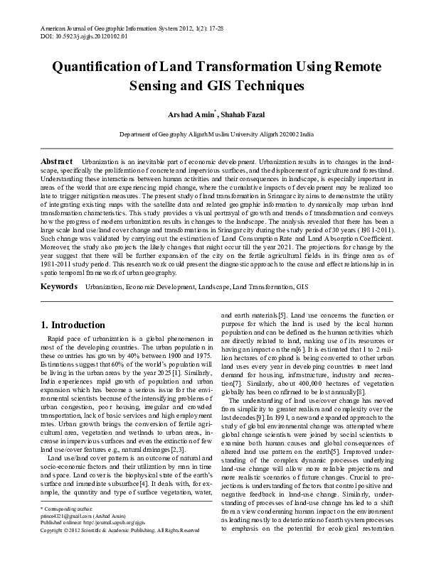 (PDF) Quantification of Land Transformation Using Remote Sensing and GIS Techniques