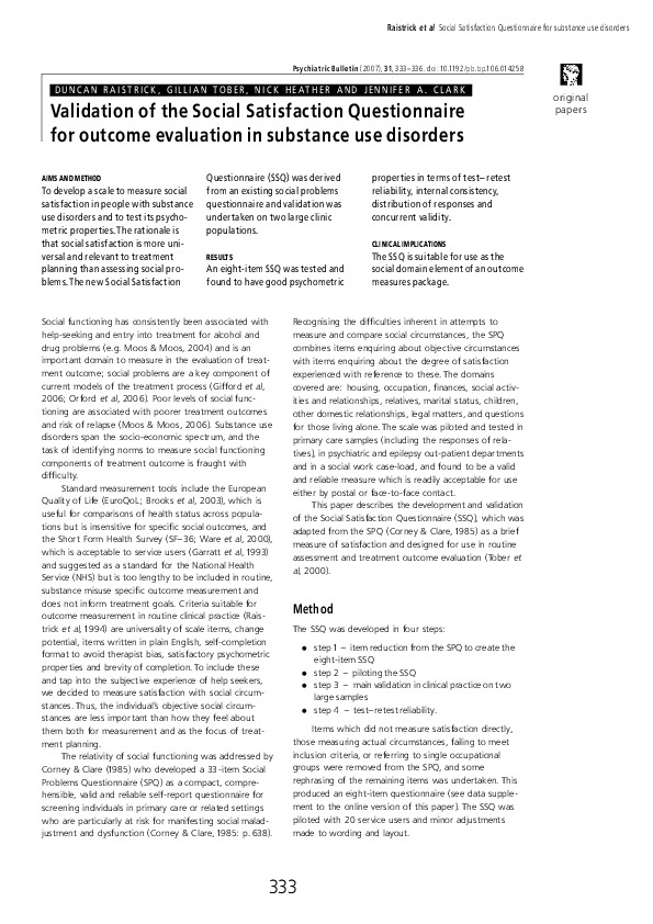 (PDF) Validation of the Social Satisfaction Questionnaire for outcome ...