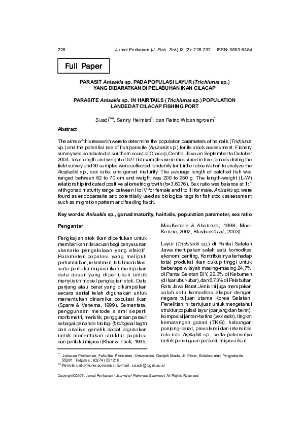 (PDF) Parasit Anisakis sp. Pada Populasi Layur (Trichiurus sp.) yang ...