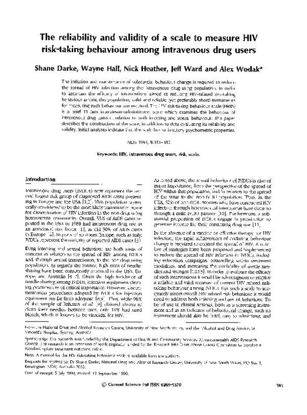 (PDF) The reliability and validity of a scale to measure HIV risk ...