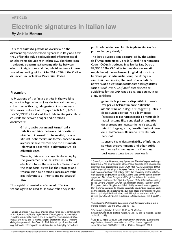 (PDF) Electronic signatures in Italian law